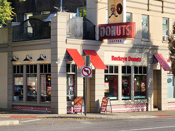 The corner location means you can spot Buckeye Donuts from blocks away, like a sugary lighthouse guiding you home.