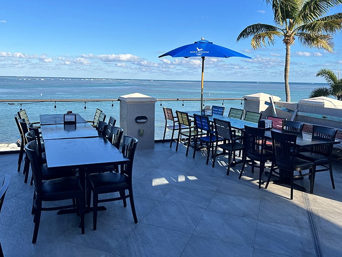 The outdoor patio offers front-row seats to the greatest show on earth: the meeting of sky and sea, with cocktails.