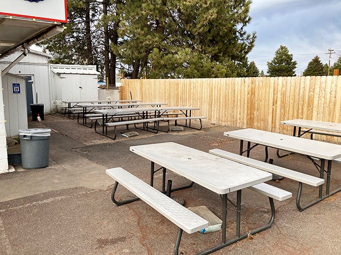 Picnic tables await beneath the Oregon sky, where burgers taste even better with a side of fresh mountain air and casual conversation.