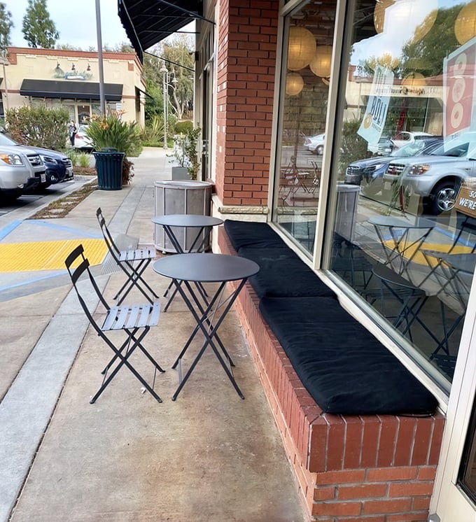 California outdoor dining at its most charming. These sidewalk seats offer prime people-watching with your coffee and donut—urban breakfast theater at its finest.