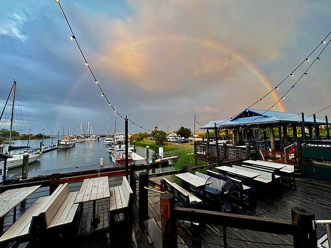 Mother Nature occasionally throws in a rainbow at no extra charge—the perfect backdrop for an evening of waterfront dining and memory-making.