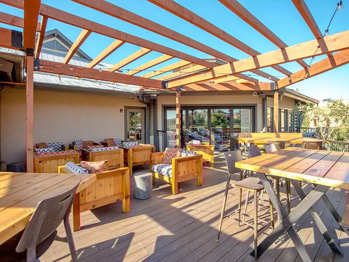 The outdoor dining area offers Texas sunshine filtered through wooden beams—nature's perfect lighting for both your meal and your Instagram.