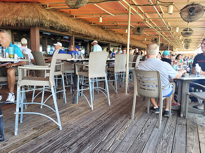 High-top seating on the deck offers the perfect perch for people-watching, ocean-gazing, and serious food appreciation.