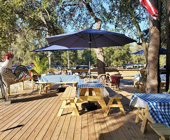 Blue-checkered tablecloths under Florida sunshine create the perfect outdoor dining spot. That rooster statue isn't just decoration—he's the unofficial greeter.