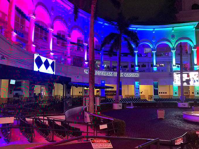 By night, Gulfstream Park transforms into a neon wonderland, where even the architecture gets dressed up for a night out.