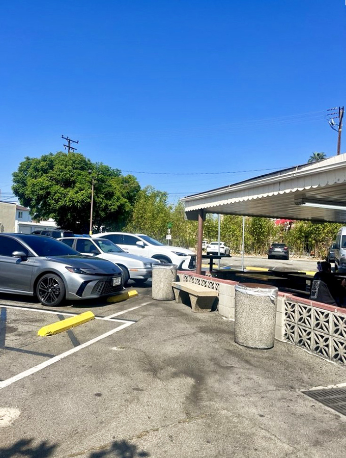 The parking lot at lunchtime – a gathering place for locals who know that some of California's best food comes from the most unassuming places.