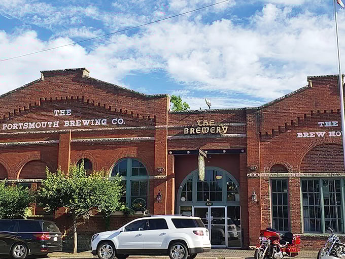 The Portsmouth Brewing Company's brick facade speaks to its historic roots, with arched windows welcoming thirsty visitors to this riverside establishment.