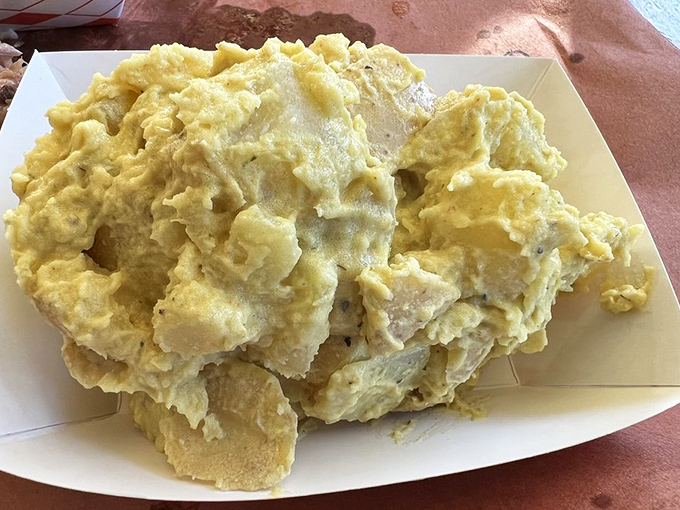 Potato salad that your grandmother would approve of – creamy, substantial, and the perfect cool counterpoint to hot smoked meat.