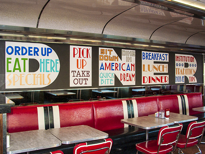Colorful signage reminds you that you're not just eating a meal—you're participating in the "American Dream" one forkful at a time.