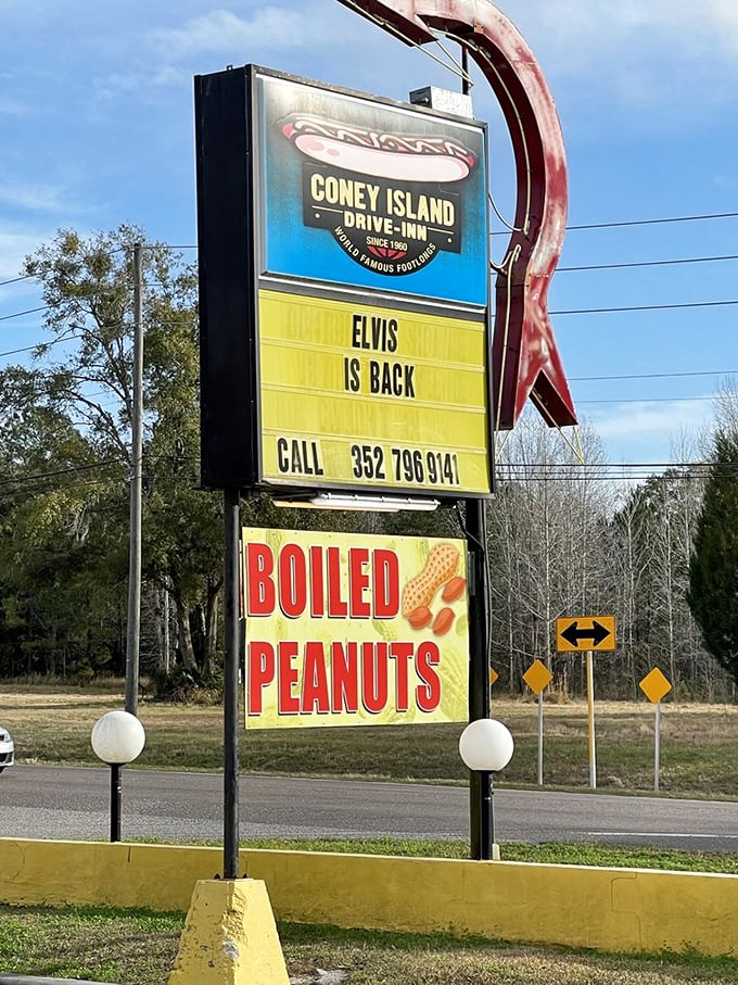 The roadside sign announces "Elvis is Back" and "Boiled Peanuts" – two quintessentially Southern attractions that demand equal billing.