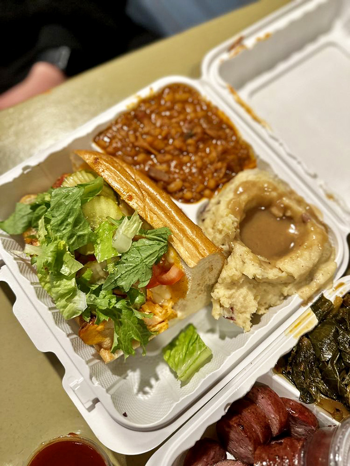 A meal divided into flavor territories: savory protein nation to the south, starch republic in the northeast, veggie commonwealth holding its own.