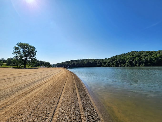 Beach day, Ohio style. No sharks, no seaweed, no problem – just pristine shoreline where your footprints might be the first of the day.
