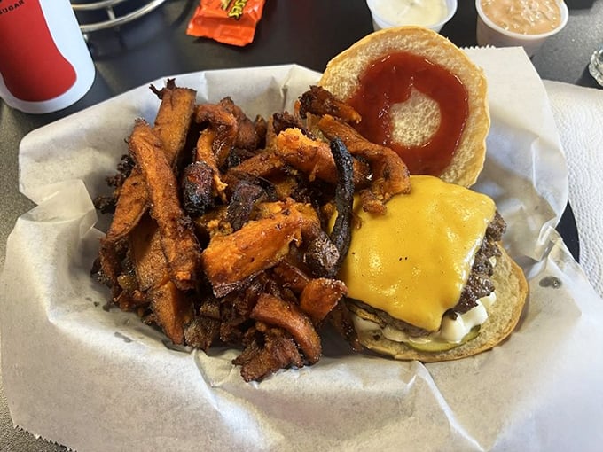 The Seamus burger in its natural habitat—surrounded by hand-cut fries. Simple perfection that needs no gimmicks, just your full appreciation.