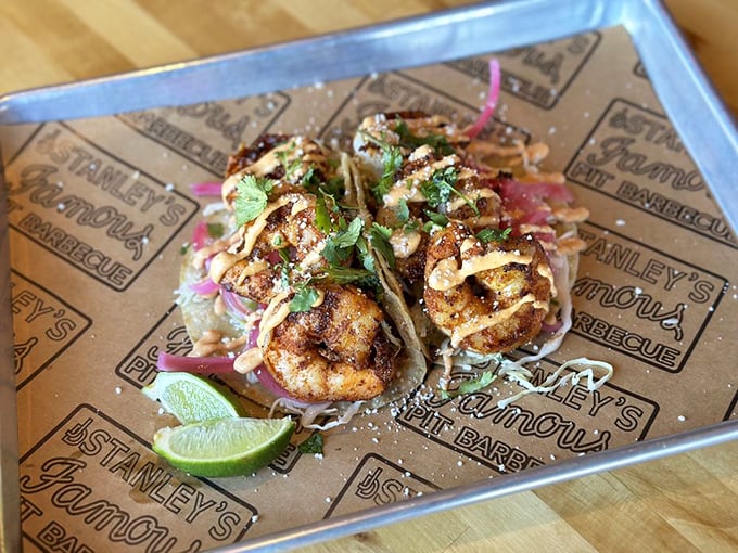 These shrimp tacos aren't just food—they're edible art, with each component carefully placed for maximum flavor and visual impact.