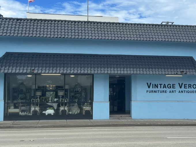 The storefront's clean lines and blue exterior make Vintage Vero instantly recognizable—like the cool kid on the downtown block.