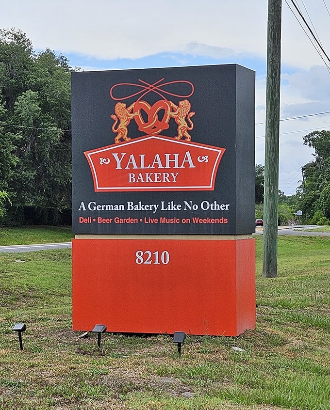 The sign announces what your nose already knew—you've arrived at a German bakery unlike any other, complete with beer garden and weekend tunes.