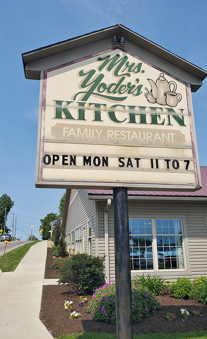 The sign says "Family Restaurant" but might as well read "Delicious Food Ahead." Nature's own billboard against a blue Ohio sky.