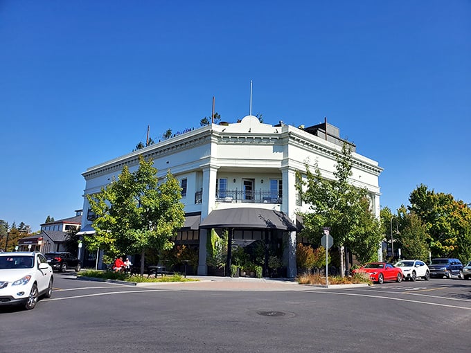 This elegant white building stands as a cornerstone of Healdsburg's architectural heritage, housing modern delights behind its historic facade.