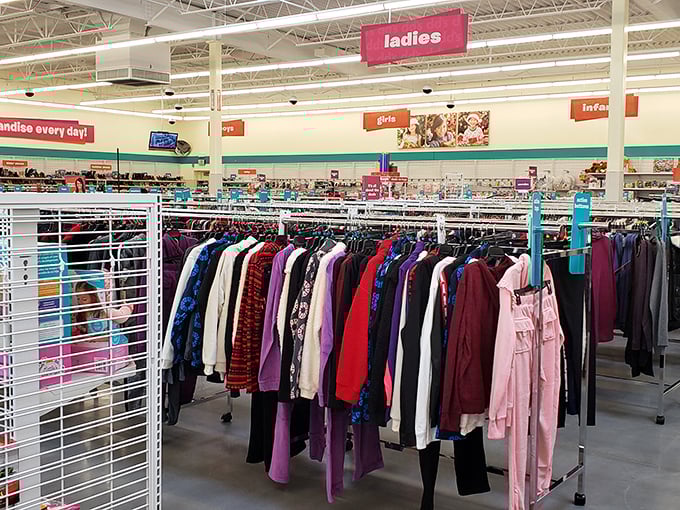 Ladies' department stretching toward retail infinity. The hunt for that perfect top becomes an adventure rather than a chore.