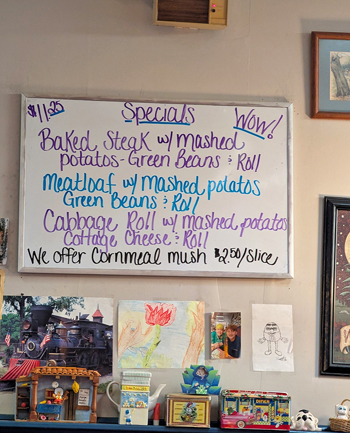 The specials board announces today's comfort food lineup with enthusiasm. "WOW!" indeed—when was the last time you saw cornmeal mush on a menu?