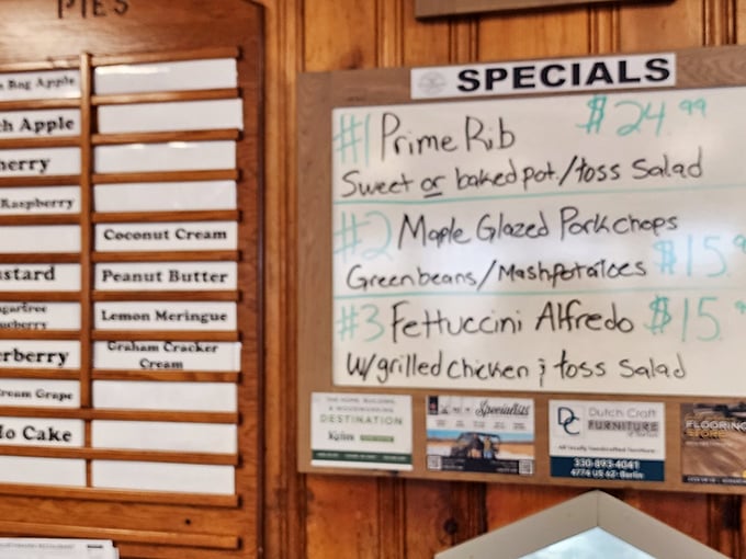 The specials board—a daily love letter to hungry patrons. Prime rib and maple-glazed pork chops aren't just meals; they're events worth celebrating.