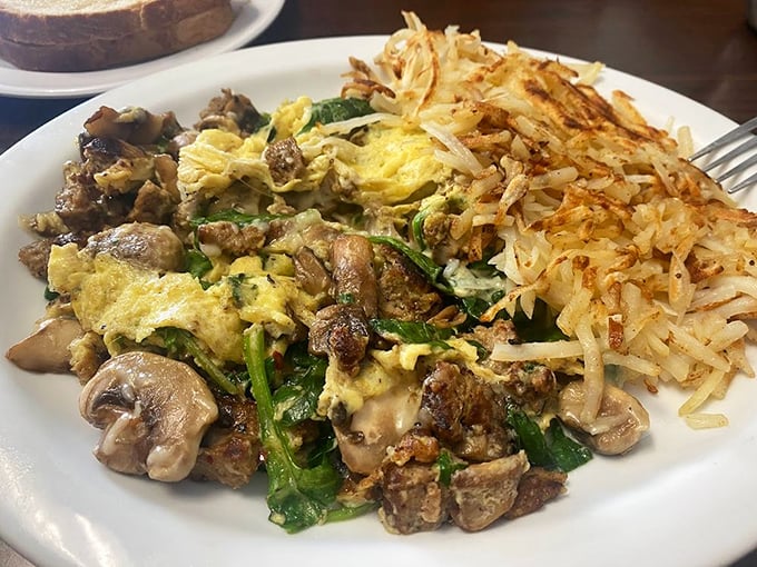 A scramble that refuses to be boring. Those hash browns have achieved the golden-brown perfection that Olympic judges would score a perfect 10.