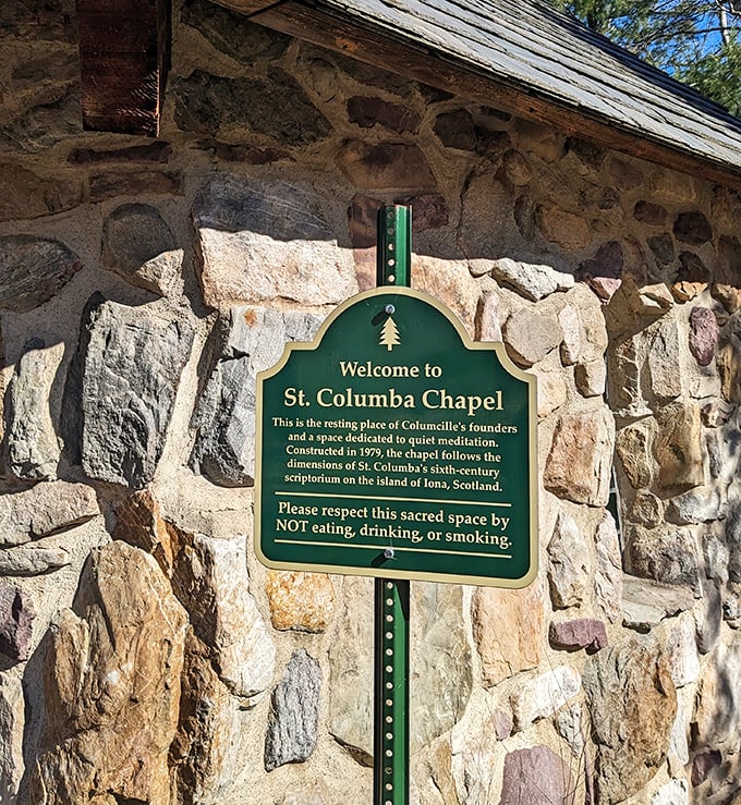 The chapel sign politely reminds visitors that sacred spaces and sandwich consumption don't mix, no matter how quietly you chew.