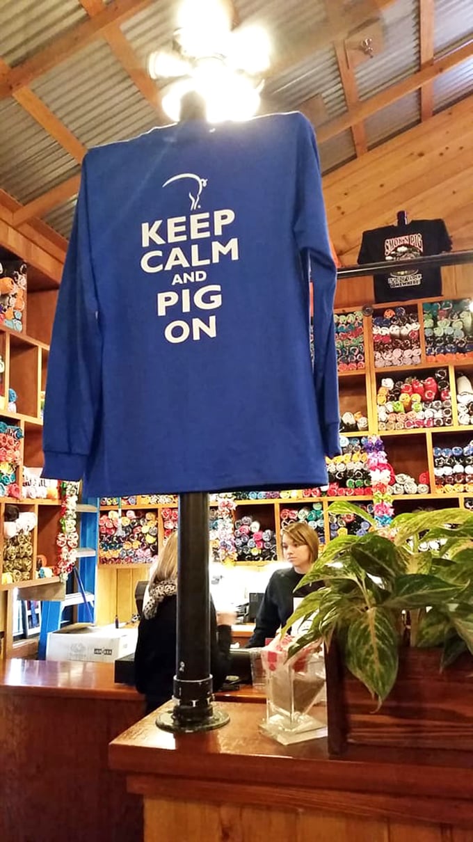 The merch display rivals the food for attention. Those colorful shirts tell the world, "Yes, I've found BBQ nirvana, and no, I'm not sharing."