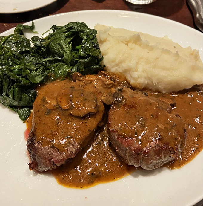 Steak Diane: where beef meets a sauce so good you'll want to write poetry about it. Paired with spinach and mashed potatoes for the ultimate comfort trifecta.