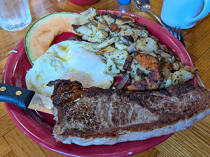 This isn't just steak and eggs—it's the breakfast of champions who plan to conquer mountains, or at least a serious afternoon nap.