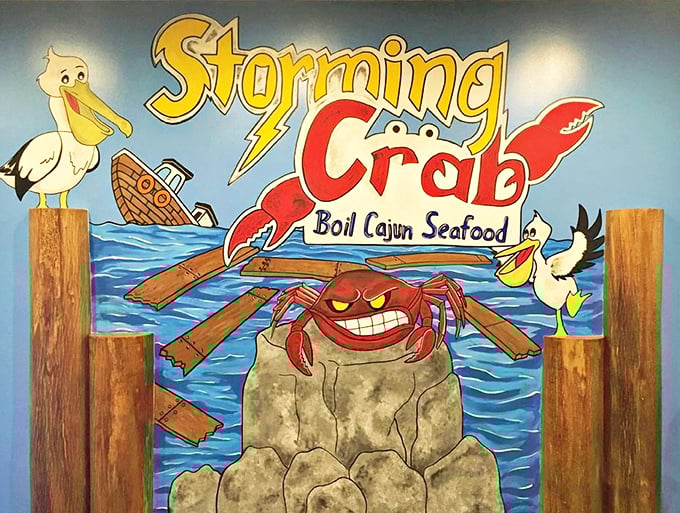 A cheerful mural featuring the restaurant's mascot crab, grinning with the confidence of someone who knows they're delicious.