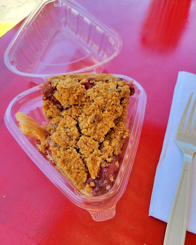 Strawberry rhubarb pie in a to-go container—because sometimes the best dining room is your car parked with a view.