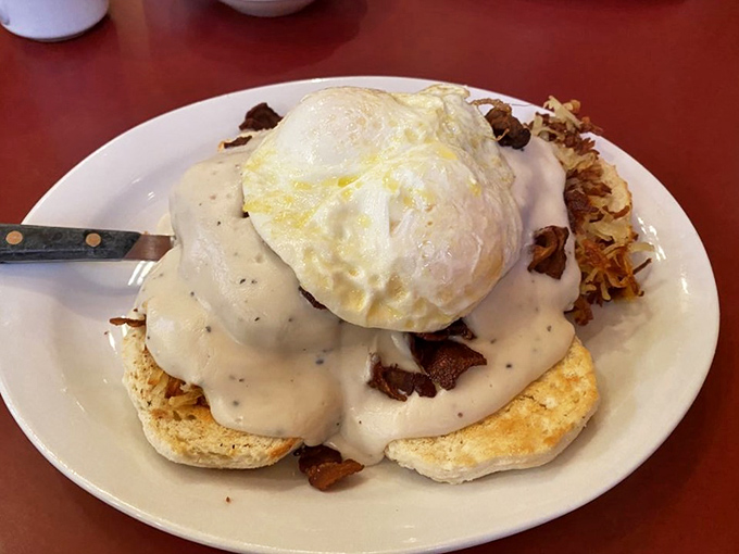 "The Cure" lives up to its name—a mountain of biscuits, gravy, and eggs that could rehabilitate even the roughest morning.