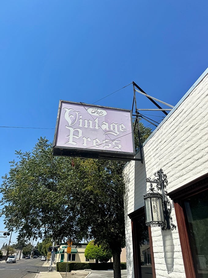 The Vintage Press sign hints at culinary treasures within—like finding a Michelin-worthy experience without the Bay Area traffic headaches.