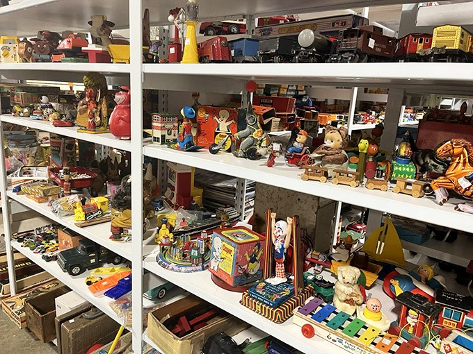 Childhood memories line these shelves. Vintage toys that entertained generations before screens took over, waiting for their next adventure.