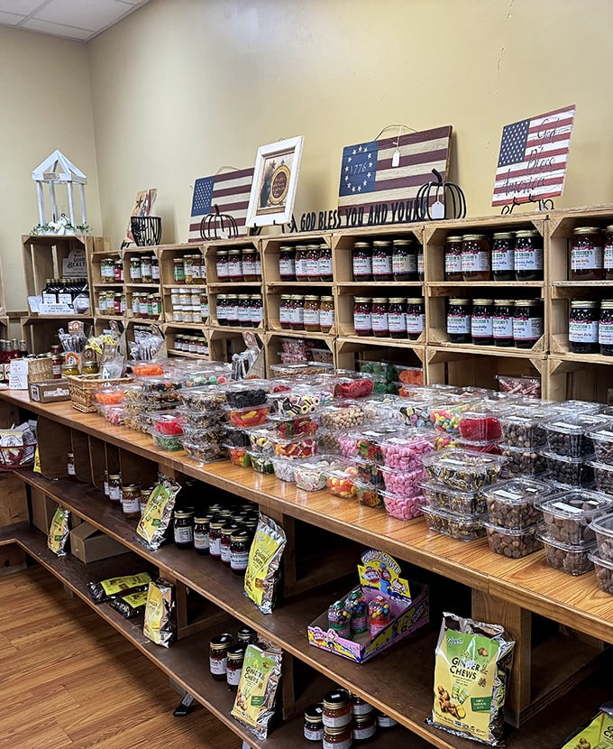 A country store section filled with jams, jellies, and candies—because the only thing better than eating comfort food is taking some home.