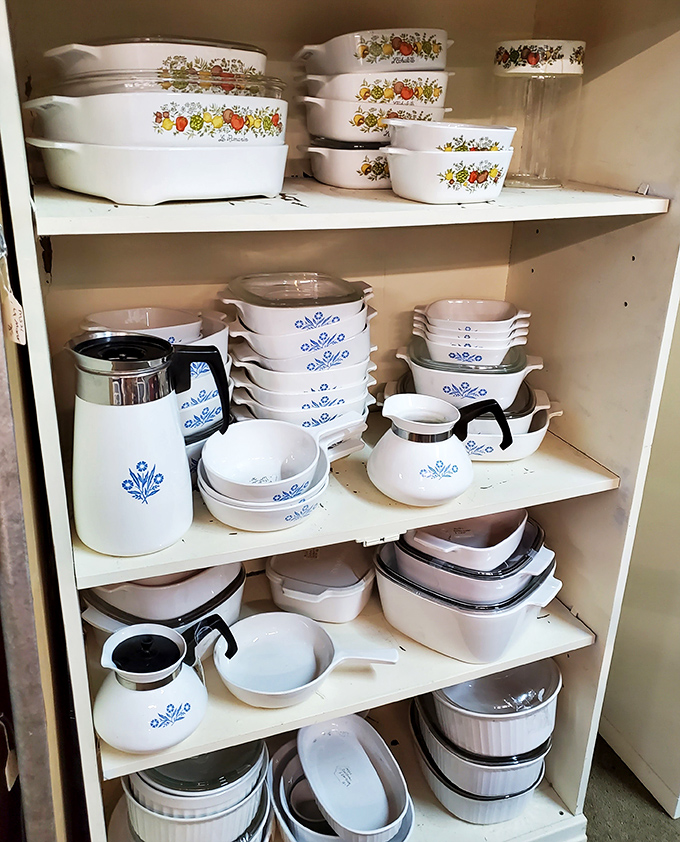 Corningware heaven – these vintage kitchen workhorses have survived decades of family dinners and still look ready for action.