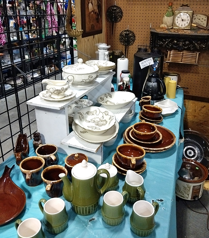 Vintage dishware that whispers stories of Sunday dinners past. That avocado green coffee set? Pure 1970s nostalgia in ceramic form.