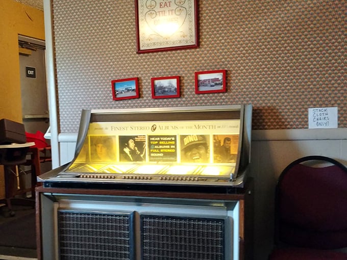 That vintage jukebox isn't just decoration – it's a time machine that plays the soundtrack to decades of Akron's morning rituals.