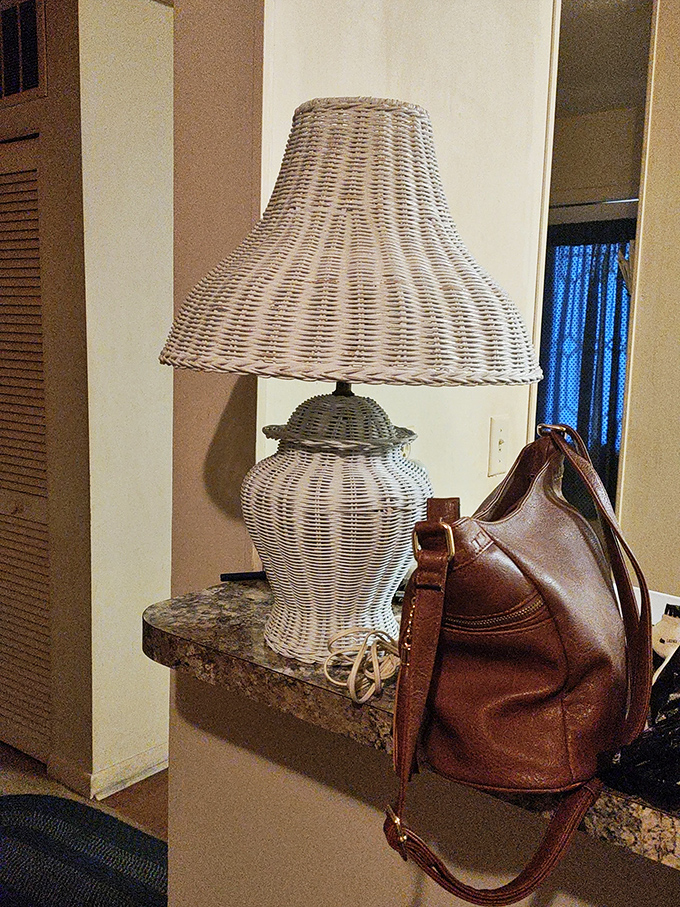 Wicker lamp and leather handbag—the perfect pairing for anyone who wants their home to feel like a sophisticated coastal retreat.