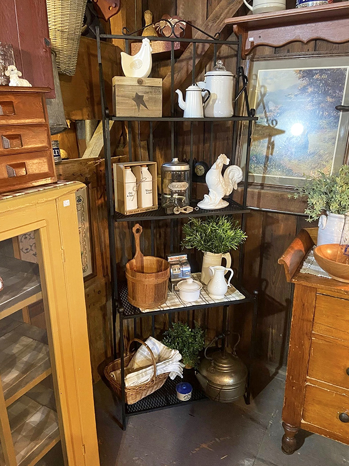 Country charm organized to perfection. This metal baker's rack stages farmhouse treasures that would cost a fortune at trendy home stores.