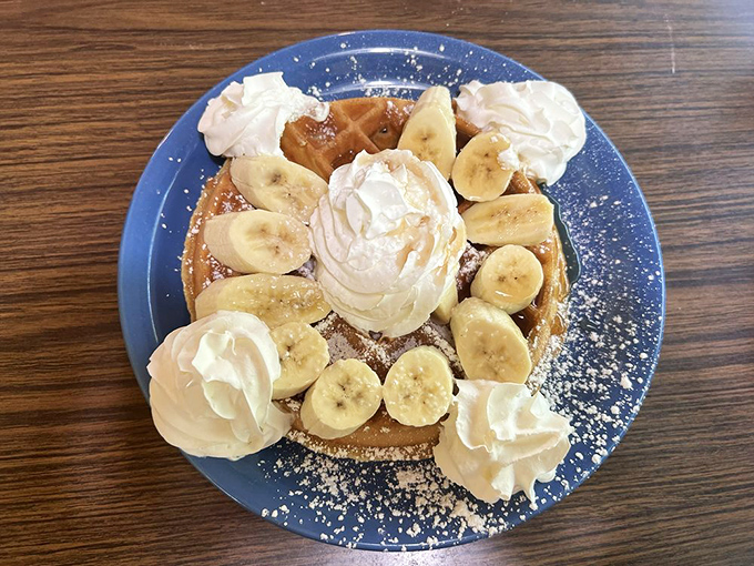 Banana waffle artistry that turns breakfast into dessert without an ounce of guilt attached. 