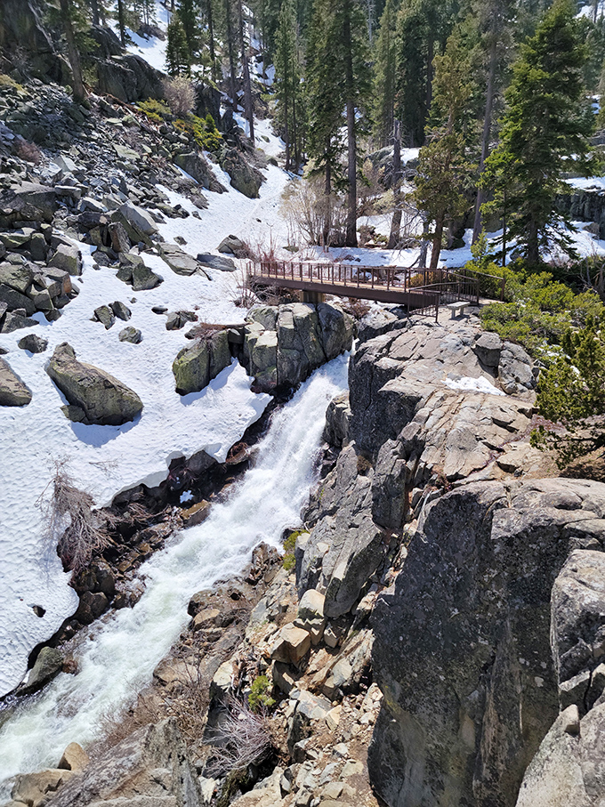 Winter's icy grip: Snow and ice transform Eagle Falls into a crystalline wonderland where rushing water meets frozen sculptures in nature's art gallery.