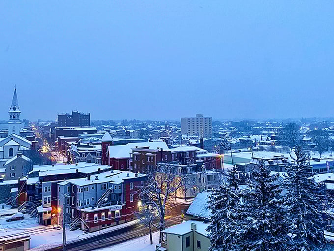 Winter transforms Hagerstown into a snow-dusted wonderland, with church spires and historic buildings creating a scene worthy of a holiday card.