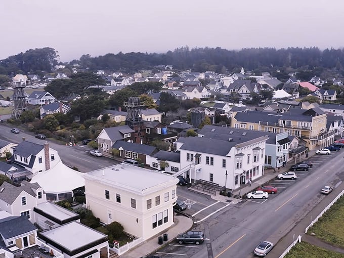 From above, Mendocino reveals its perfect proportions—a village-sized jewel box of white buildings nestled between forest green and ocean blue.