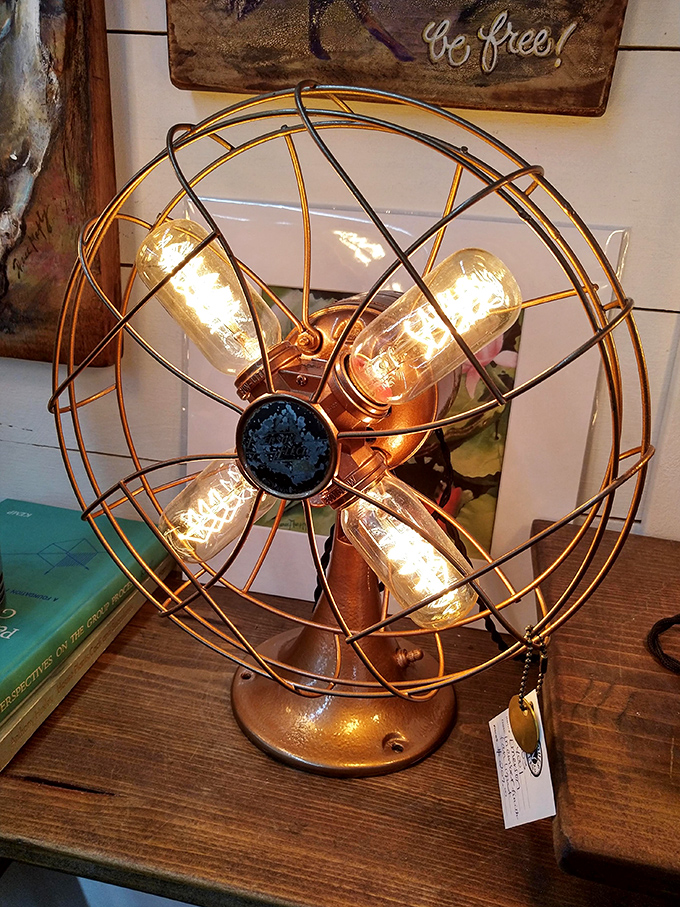 This repurposed vintage fan lamp glows with industrial chic charm—the kind of conversation piece that makes guests ask, "Where did you find that?