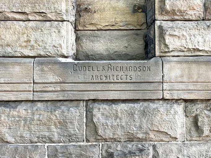 Carved into stone, the architects' names – Cudell & Richardson – remain as a permanent signature on their masterpiece of Victorian Gothic design.