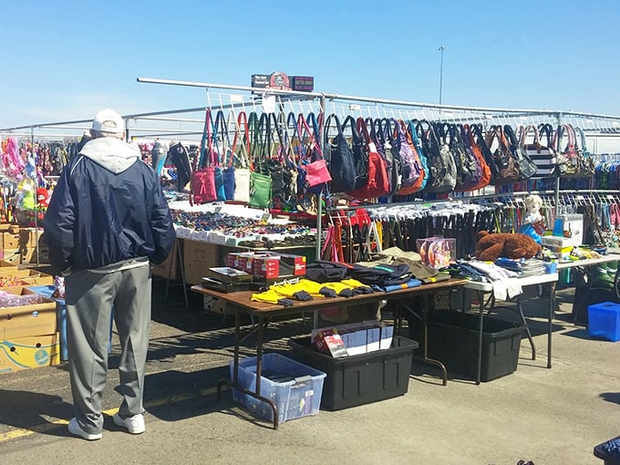 Handbag heaven under blue skies! This outdoor display of purses proves that fashion finds can happen anywhere, not just in department stores.