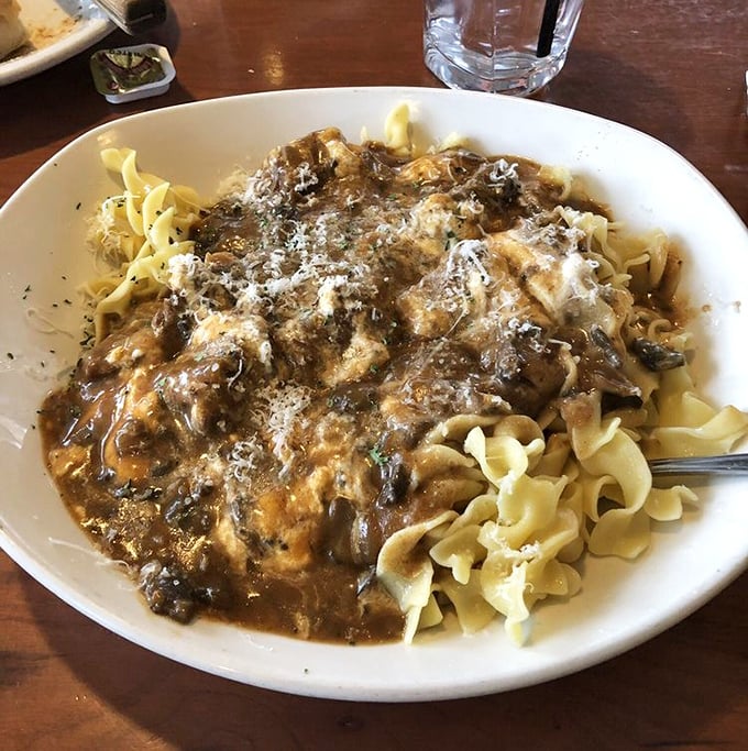 Beef stroganoff that your grandmother would approve of—tender meat swimming in rich sauce over egg noodles that catch every drop.