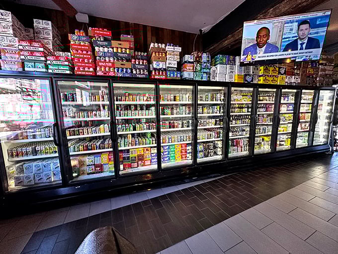 The beverage wall – a refrigerated gallery exhibition titled "99 Ways to Wash Down Your Cheesesteak."